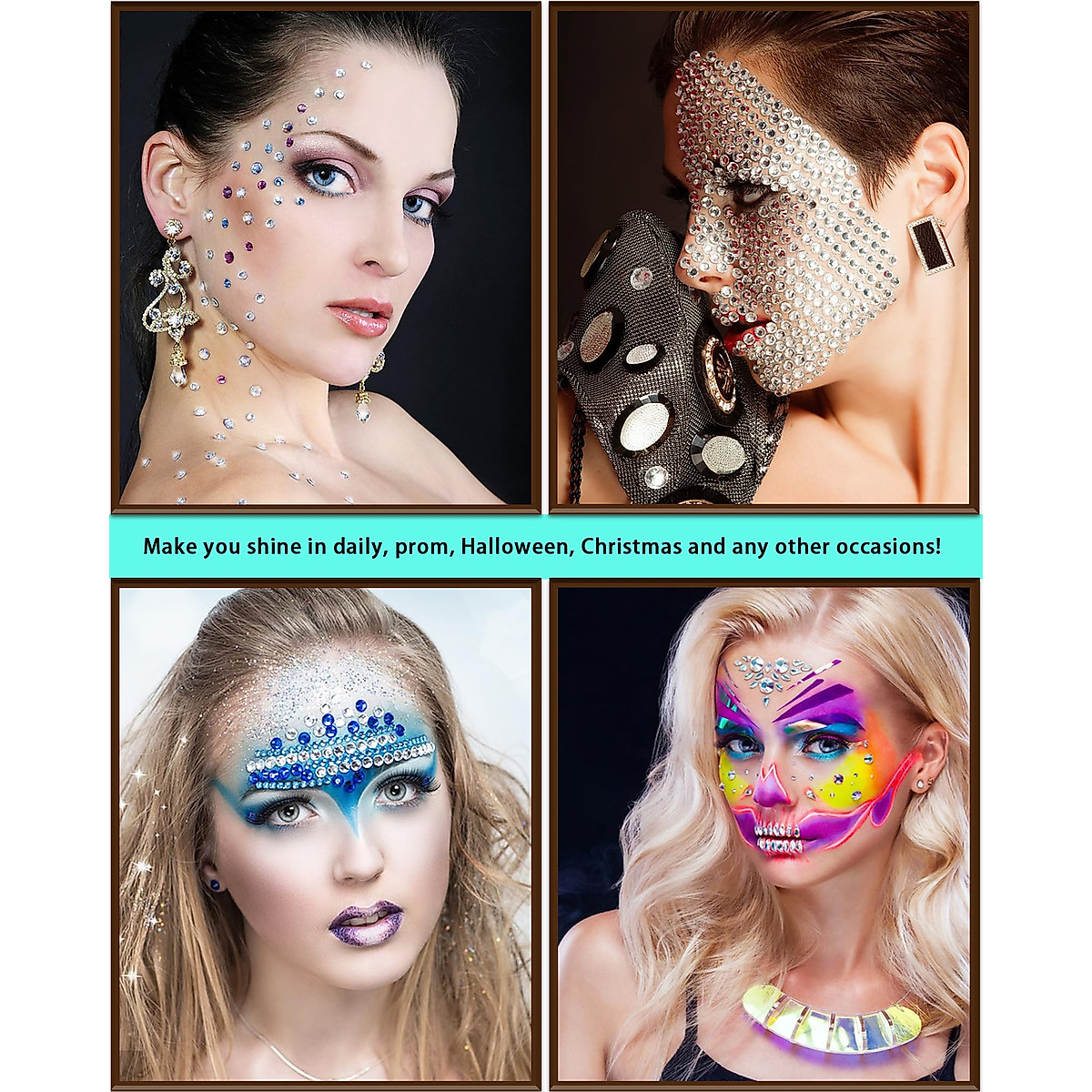 NIACONN Silver Face Jewels Gems Stick on, 10 Sheets/1410 Pcs Self Adhesive Rhinestone Hair Gems Stickers for Makeup & DIY- Silver