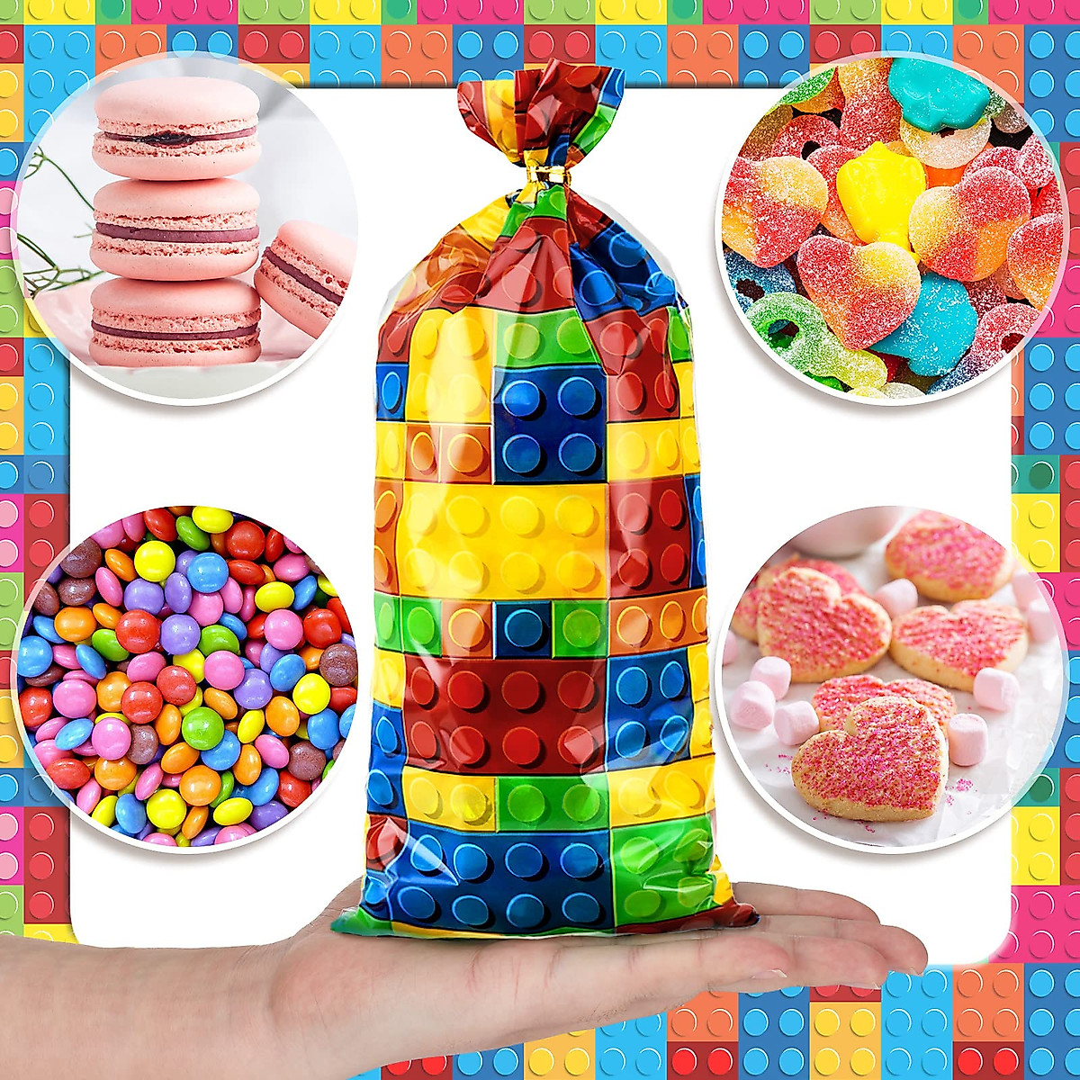 100 Pieces Building Blocks Cellophane Bags Plastic Treat Favor Bag with 200 Gold Twist Ties for Kids Building Brick Block Themed Birthday Party Supplies Decorations