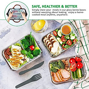 KOMUEE Glass Meal Prep Containers 2 Compartments,Glass Lunch Containers Set Glass Food Storage Containers with Lids,Glass Bento Box,Gray
