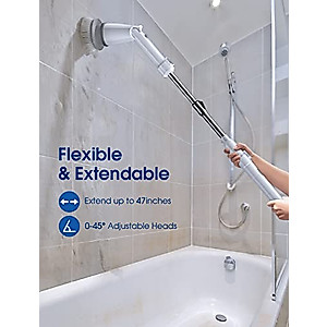 Electric Spin Scrubber, Sweepulire Cordless Cleaning Brush with 2 Speeds , Adjustable Extension Arm, 4 Replaceable Brush Heads, Power Shower Scrubber Cleaning Brushes for Bathroom, Tub, Tile, Floor