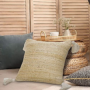 LR Home Natural Jute Tassels Throw Pillow, 1 Count (Pack of 1), Tan