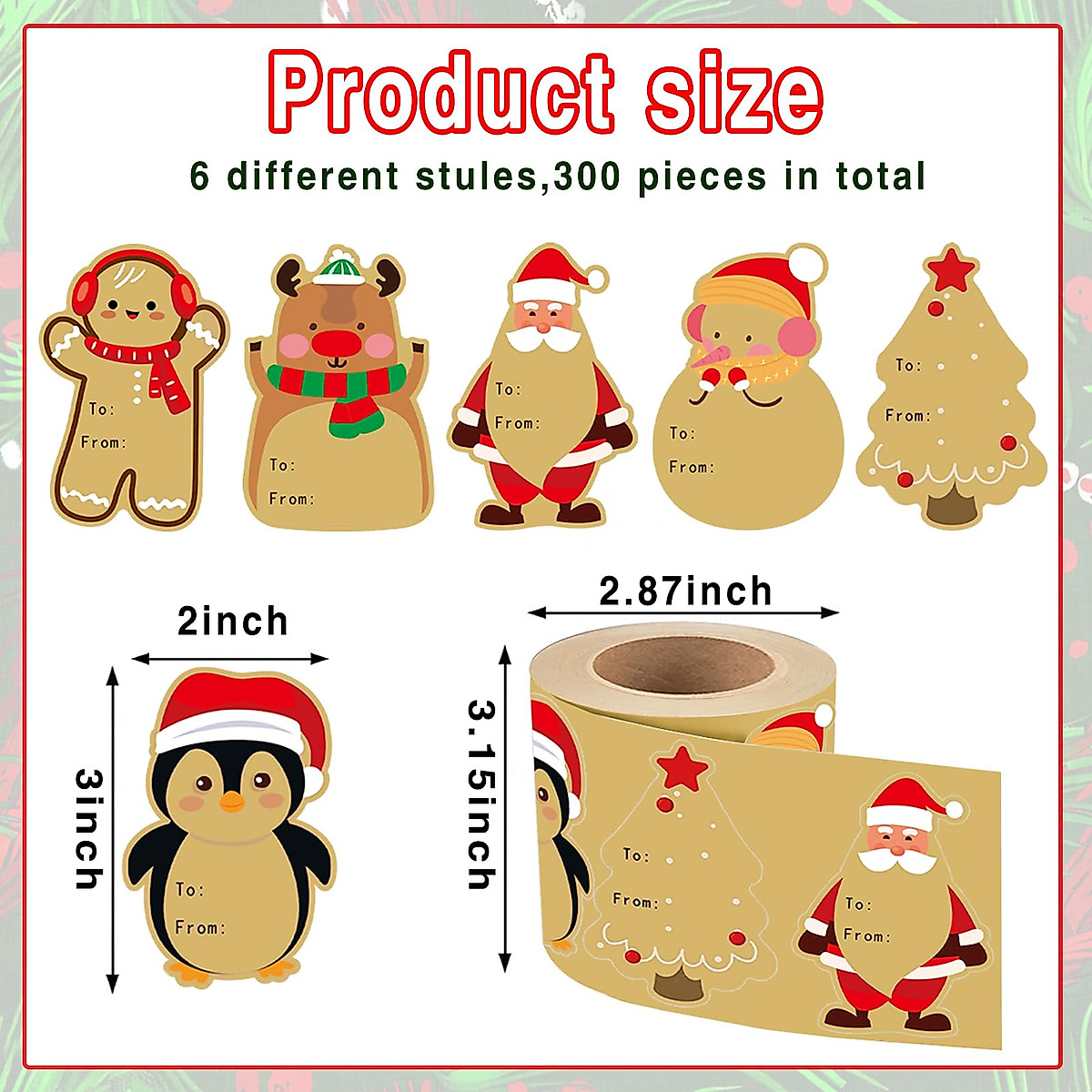 YUUIKLLE 300PCS Christmas Stickers 2x3 Inch Christmas Santa Claus Snowman Stickers 6 Designs of Self Adhesive Labels Kraft Paper Stickers,for Wrapping Birthday Envelopes Wedding Holiday Decor