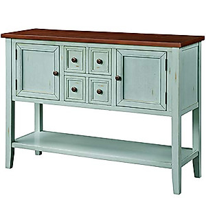Knocbel Vintage Wood Console Table Buffet Sideboard with 4 Storage Drawers, 2 Cabinets & Bottom Shelf, Entryway Hallway Foyer Table Cupboard Coffee Bar Cabinet, 46" L x 15" W x 34" H (Antique Blue)