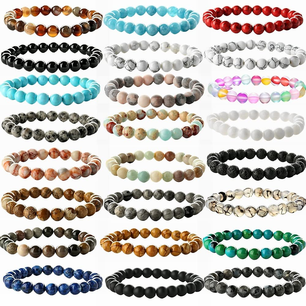 Fiqozev 8Pcs Natural Beads Healing Gemstone Bracelet, 8mm Semi Precious Stone Bracelet for Men Women, Stress Relief Crystal Jewelry