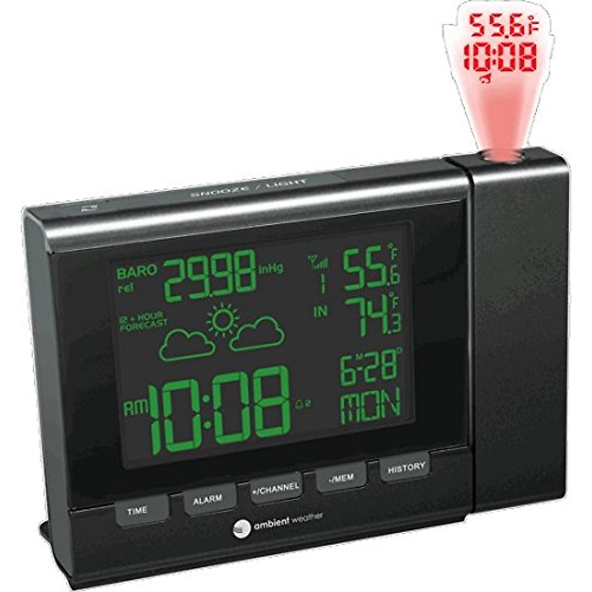 Ambient Weather RC-8401 Projection Clock with Forecast, Barometer, Atomic Clock and Indoor/Outdoor Temperature Color Changing Display