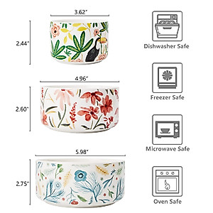 Thousandaynight Ceramic Containers with Lids, 3 Piece Serving Bowls Set, Microwave & Dishwasher Safe, For Soup, Salad, Rice, Cereal, Breakfast, Dinner, Serving, Oatmeal (Pink)