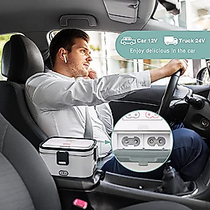 Onanuto Electric Lunch Box Food Heated 12V 24V 110V 3 in 1 Portable Food Warmer Heater 60W Lunch Box for Car/Truck/Home,1.5L Removable Stainless Steel Container, Fork & Spoon Included