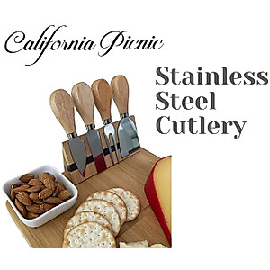 Cheese Board and Knife Set | Wine Board | Organic Bamboo Wood Charcuterie Platter Serving Board Cheese Tray with Cutlery | Perfect for Birthday, Housewarming & Wedding Gifts