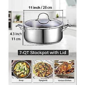 Cooks Standard Dutch Oven Casserole with Glass Lid, 7-Quart Classic Stainless Steel Stockpot, Silver
