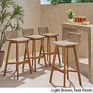 GDFStudio Outdoor Wood & Wicker Barstools (Set of 4), Light Brown and Teak
