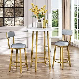 Hooseng Bar Table and Chairs Set, 3-Piece Bistro Pub Dining Table Set, Faux Marble High Top Bar Table and 2 Upholstered Stools w/Backrest, Space Saving Kitchen Table Set for Home to Restaurant, Grey
