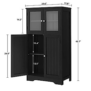 Iwell Bathroom Cabinet, Linen Storage Cabinet with Glass Doors & Adjustble Shelf, Bathroom Floor Cabinet, Cupboard for Living Room, Office, Enterway, Black