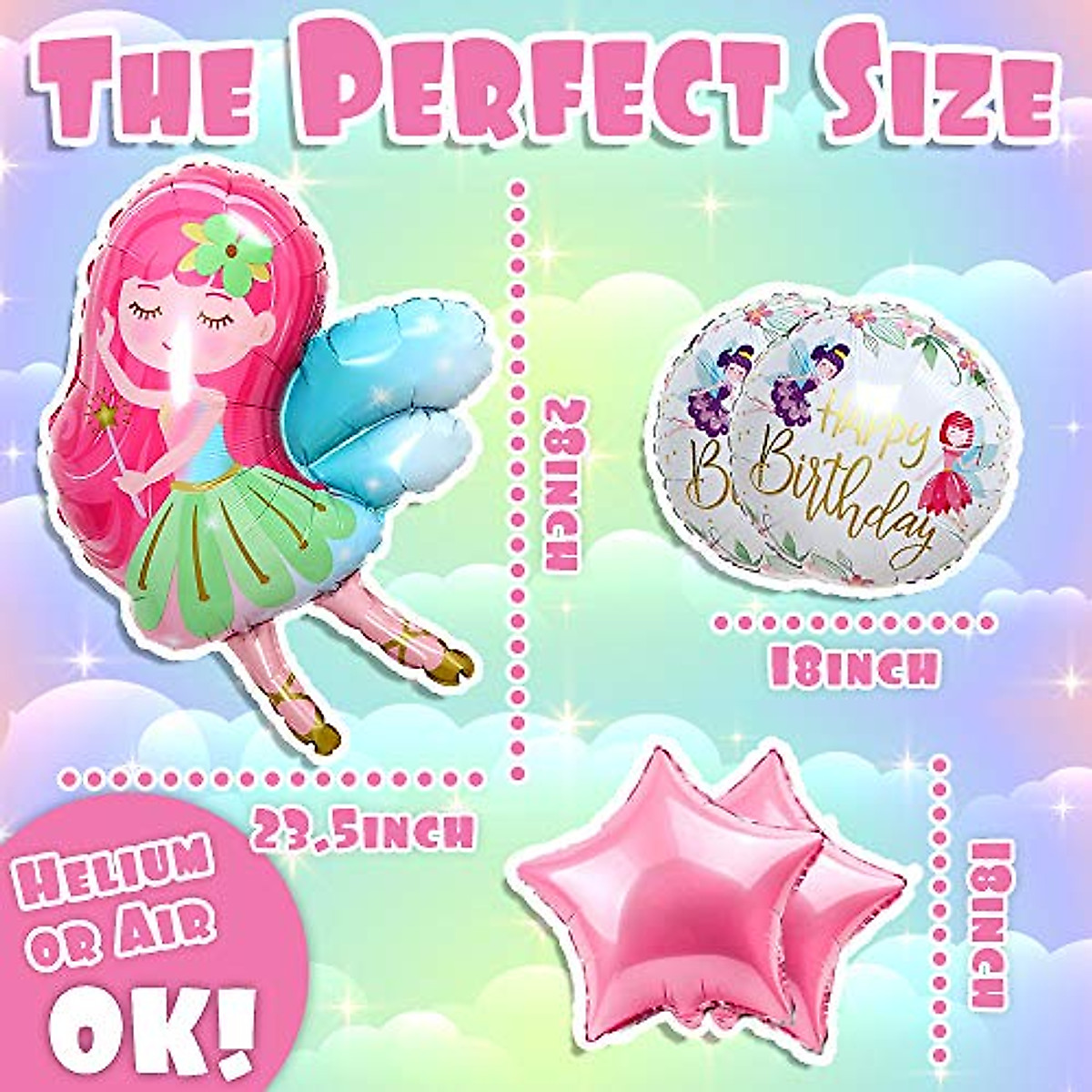 Fairy Princess Party Decorations Balloons for Birthday Party | Perfect Floral Wonderland Fairies Themed Mylar Foil Helium Balloon Decor | Magical Fairy Tale Balloon Set for Girls in Pink & White