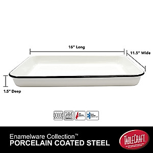 Tablecraft Enamelware Collection Black Rim Solid White Enamel Baking Cookie Sheet Jelly Roll Pan, Home Kitchen & Restaurant, Porcelain Over Steel, Classic, Vintage, Retro Style, 16x11.5x1.5, Set of 6