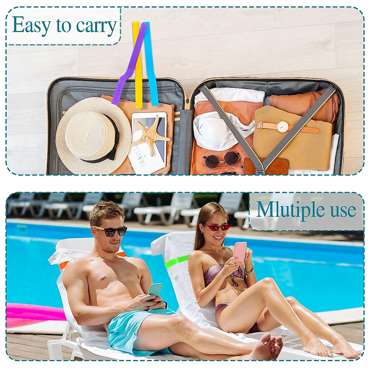 Beach Towel Bands (6-Pack), Portable Towel Bands for Beach Chairs & Cruise Chairs Pool Chair, Vacation Choice Beach Chair Towel Clips, Great Alternative to Beach Towel Clips