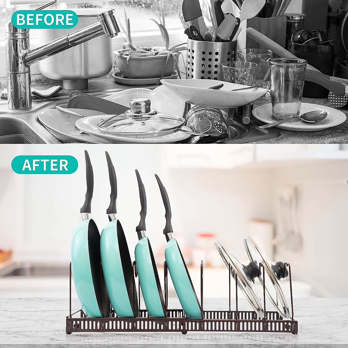 Drengdrau Expandable Pots and Pans Organizer Rack, Adjustable Pot Lid Organizer Holder, Cutting Board Organizer with 10 Dividers for Kitchen Counter Cabinet Bakeware Organizer, Bronze