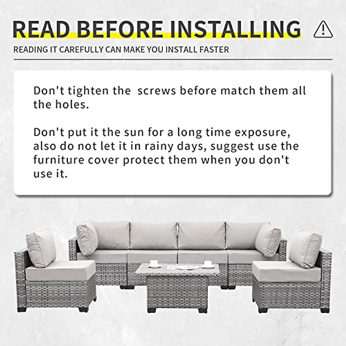 Lviden 7 Pieces PE Wicker Patio Furniture Set Outdoor Sectional Conversation Sofa Set with Liftable Storage Table, Non-Slip Cushions and Furniture Cover, Light Grey