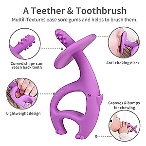 Mombella Baby Teething Toys for Babies 3 6 12 Months with Attachment to Clip on, Soft Silicone Teether Toys, 2 in 1 Elephant Teethers & Pre-Training Toothbrush, 9 Month Old Infant Chew Toys, Purple