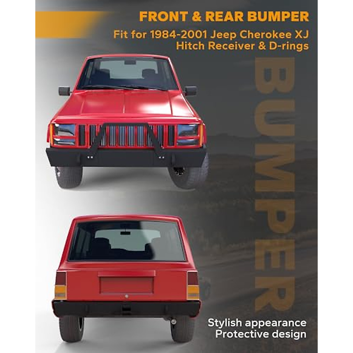 Autoholic Front Bumper & Rear Bumper Kit Fit for 1984-2001 Jeep Cherokee XJ with Hitch Receiver D-rings