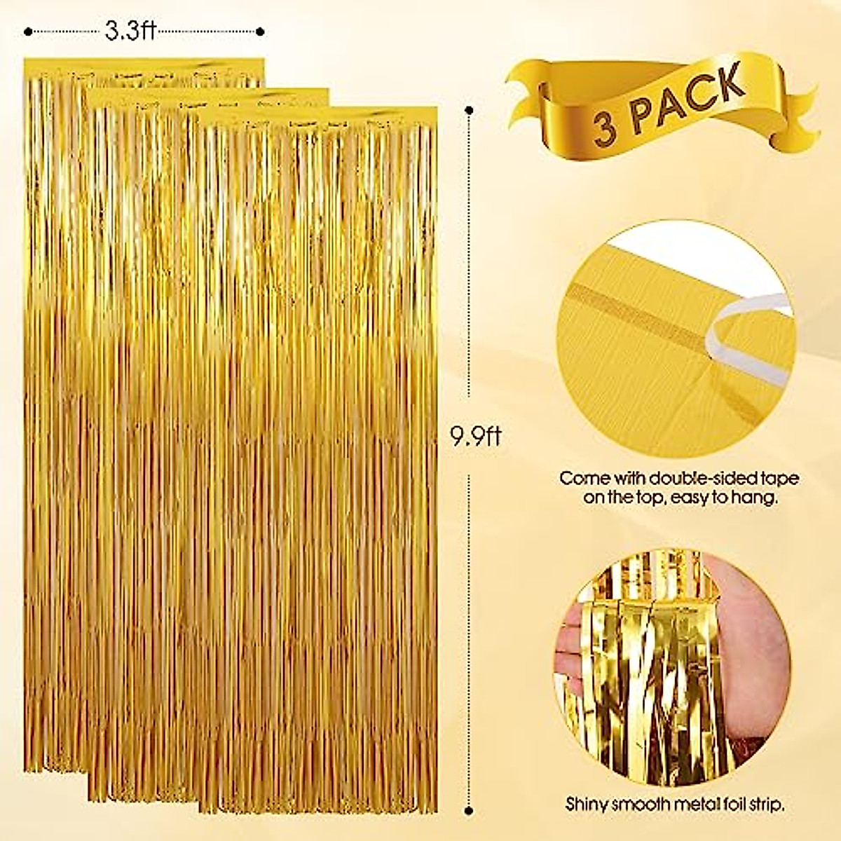 Birthday Party Decorations| 3 Pack 3.3 x 9.9 ft Gold Foil Fringe Curtains Party Supplies|Tinsel Curtain Backdrop for Parties, Glitter Streamers Backdrop for Birthday/Photo Booth Backdrops/Party Decor