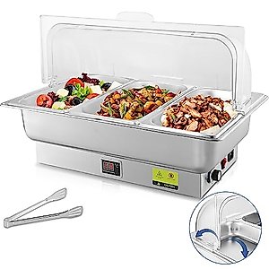 THXSUN 700W Electric Chafing Dish, 3 x 3QT Stainless Steel Chafing Dish Buffet Set with Rotary Knob to Adjust Temp 0°C~100°C, Buffet Servers and Warmers with Roll Top & Temp Display for Catering Party