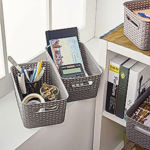 EZOWare Pack of 4 Small Gray Plastic Woven Knit Baskets, 11 x 7.3 x 5 inch Storage Organizer Bins Boxes For Office, Classroom, Desktop, Drawer and More