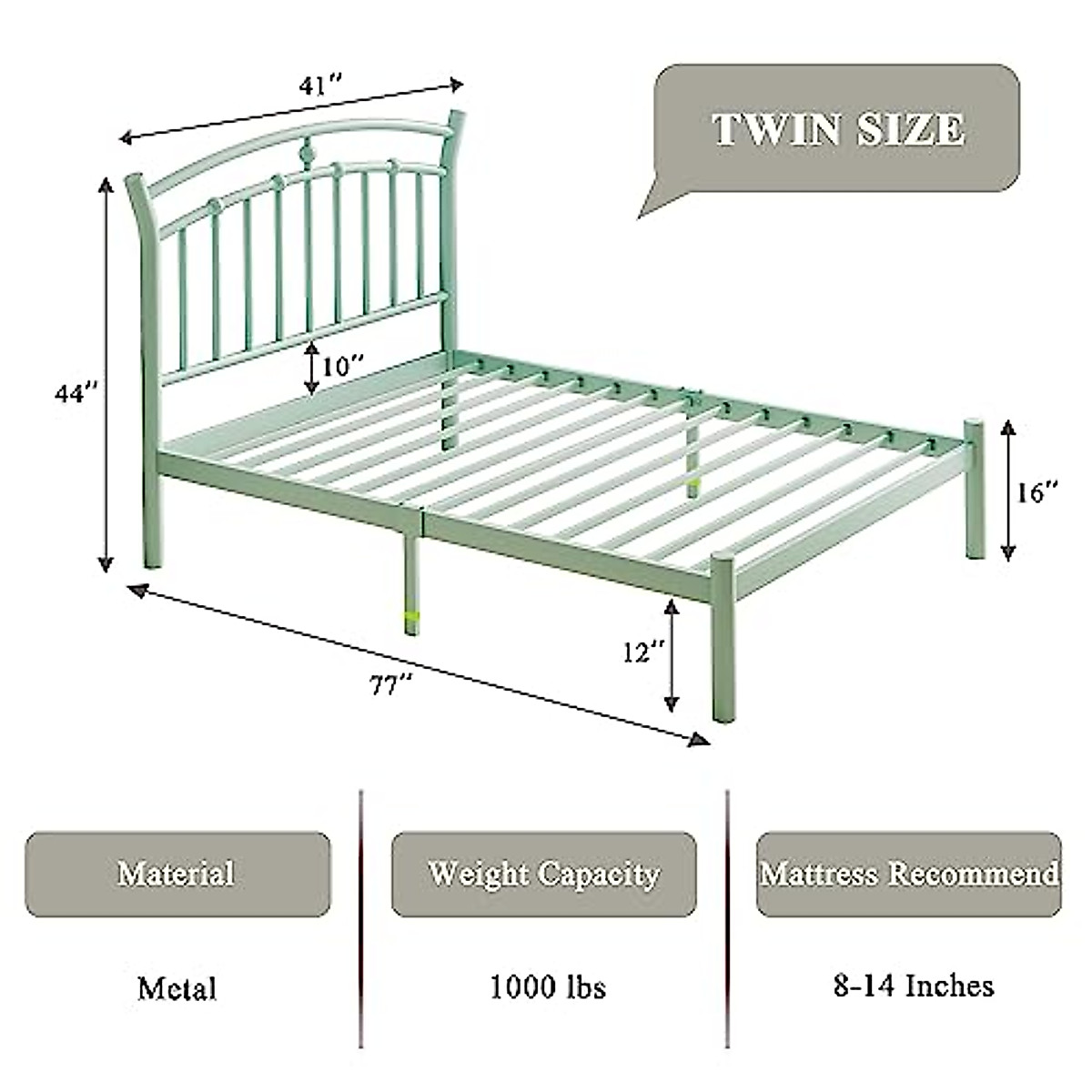 Feonase Twin Size Metal Platform Bed Frame with Retro Headboard, Hardened Steel Tube, 12" Under-Bed Storage, No Box Spring Needed, Easy Assembly, Mint Green