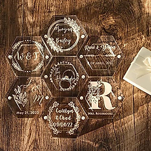 JFLL Personalized Clear Hexagon Wedding Ring Box，Engraved Romantic Wedding Jewelry Bearer Box, Engagement Proposal Ring Storage Gift, Modern Ring Dish，Custom Names & Date, Transparent