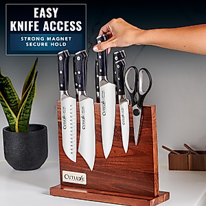 Cutluxe Magnetic Knife Holder – Magnetic Knife Block, Acacia Wood Knife Stand for Kitchen Counter, Slim & Double Sided, Powerful Magnet Strips, Organized Storage Rack & Modern Display Board