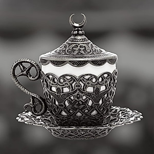 Alisveristime (1 Pc Turkish Coffee Cup - Traditional Design with Crescent Motif, Porcelain Cup and Saucer for Turkish, Greek, Arabic Coffee and Espresso (Gelincik) (Black)
