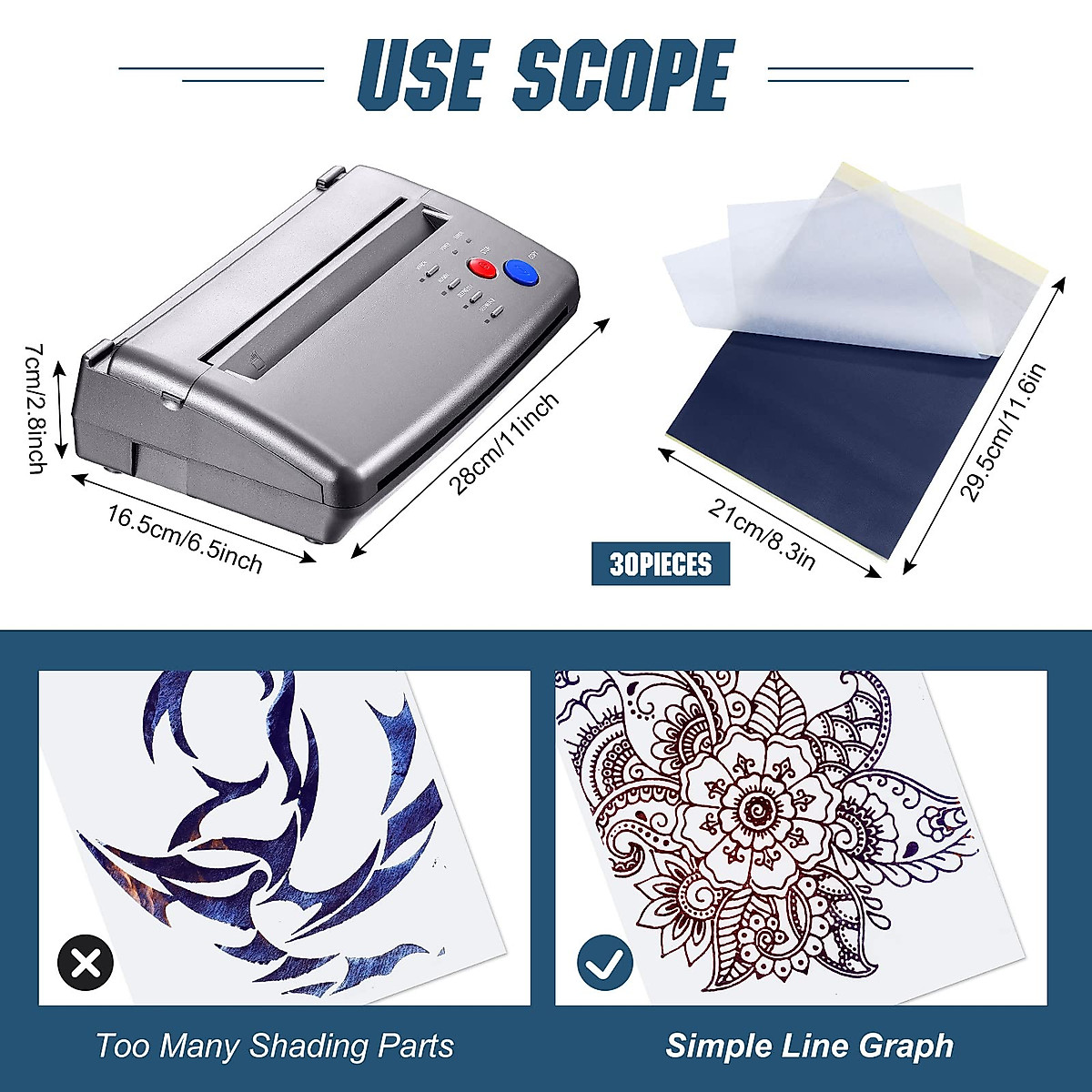 Tattoo Transfer Stencil Machine with 30 Pieces A4 Tattoo Transfer Paper Tattoo Printer Machine Thermal Stencil Paper Printer Mini Thermal Copier Printer for Tattoo Supplies (Silvery Grey)