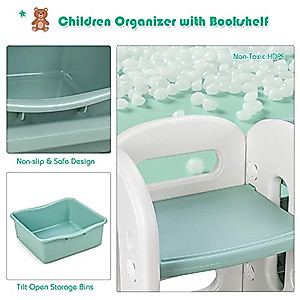 Costzon Kids Bookshelf with Toy Organizers and Storage, Multi-Purpose 4-Tier Shelf & 6 Removable Plastic Bins to Organize Books Toys, Toddler Bookcase for Playroom, Bedroom, Daycare, Nursery (Green)