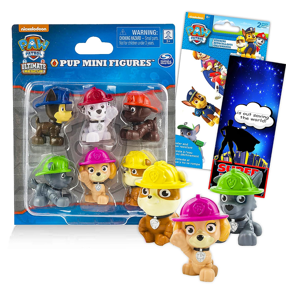 Nick Shop Paw Patrol Character Action Figures Set 3 Pc Bundle with 6 Figurines Including Chase, Skye, Rubble and More, Stickers Door Hanger (Paw Toys for Kids)