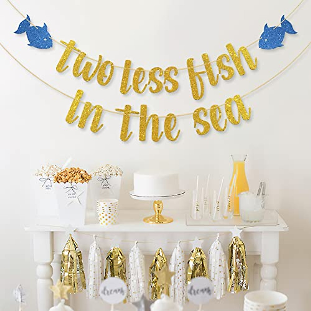Dalaber Gold Glitter Two Less Fish in The Sea Banner - Nautical Sea Theme Wedding/Engagement Party Decoration - Nautical Bridal Shower, Funny Bachelorette Party Decor Banner, Photo Props