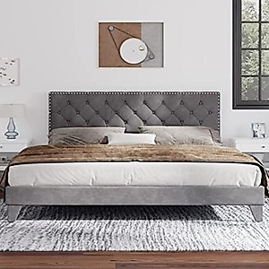 Catrimown King Size Bed Frame with Adjustable Headboard, Modern Velvet Upholstered Platform Bed Frame, Wooden Slat Support, Mattress Foundation, No Box Spring Needed, Easy Assembly, (Grey, King)