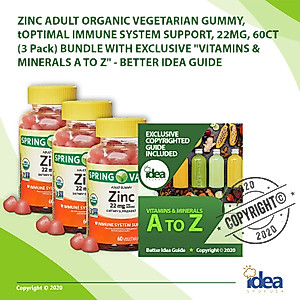 Zinc Adult Organic Vegetarian Gummy, Optimal Immune System Support, 22mg, 60ct (3 Pack) + "Vitamins & Minerals A to Z - Better Idea Guide"