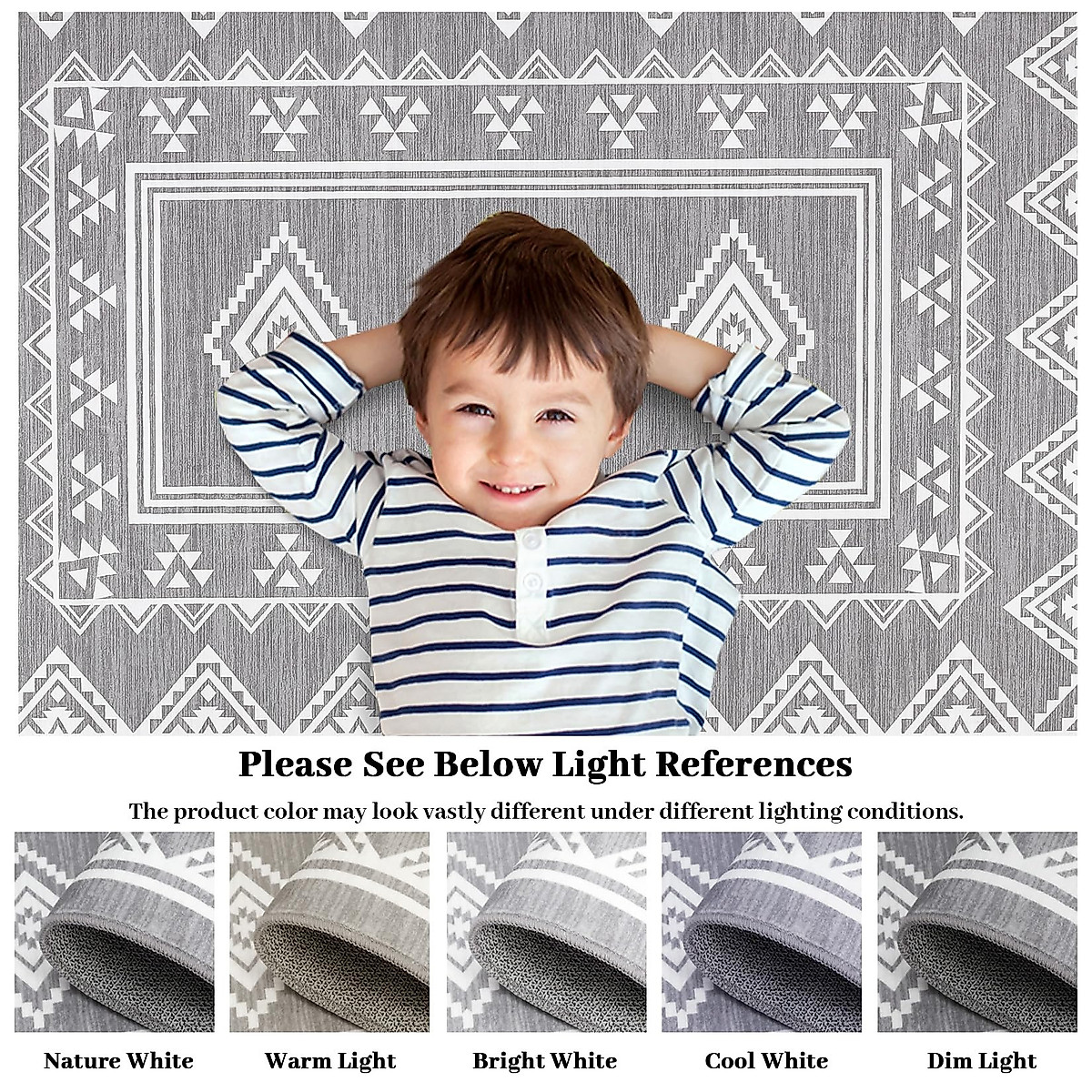 RUGSREAL Large Living Room Rug 8x10 Washable Boho Accent Area Rug with Tassel Moroccan Bordered Non-Slip Stain Resistant Floor Cover Farmhouse Geometric Tribal Carpet for Bedroom Nursery, Grey