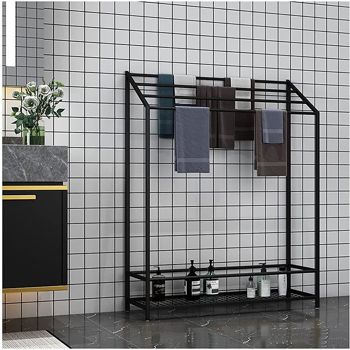 Standing Towel Rack, Metal Freestanding Towel Rack with Bottom Rack 4 Tier Towel Rack Floor Storage Rack for Swimming Pool, Kitchen, Restroom (Color : Black, Size : 70 * 25 * 120cm)