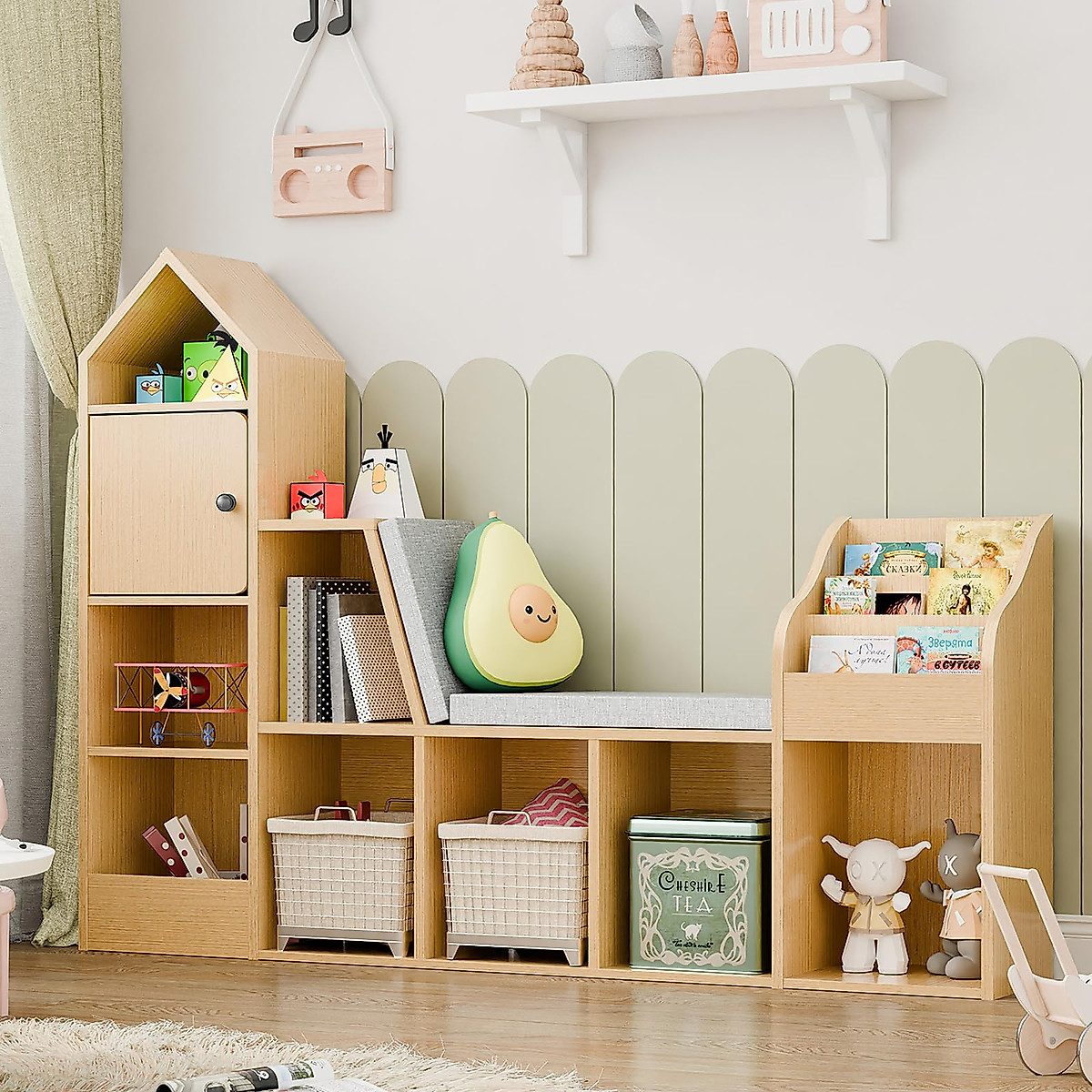 Vabches Kids Reading Nook with Bench - Bookshelf & Bookcase with Seat Cushion, 7 Open Storage Cubbies, 3-Tier File Organizers, Toy Storage Box & Chest for School, Playroom, Bedroom.