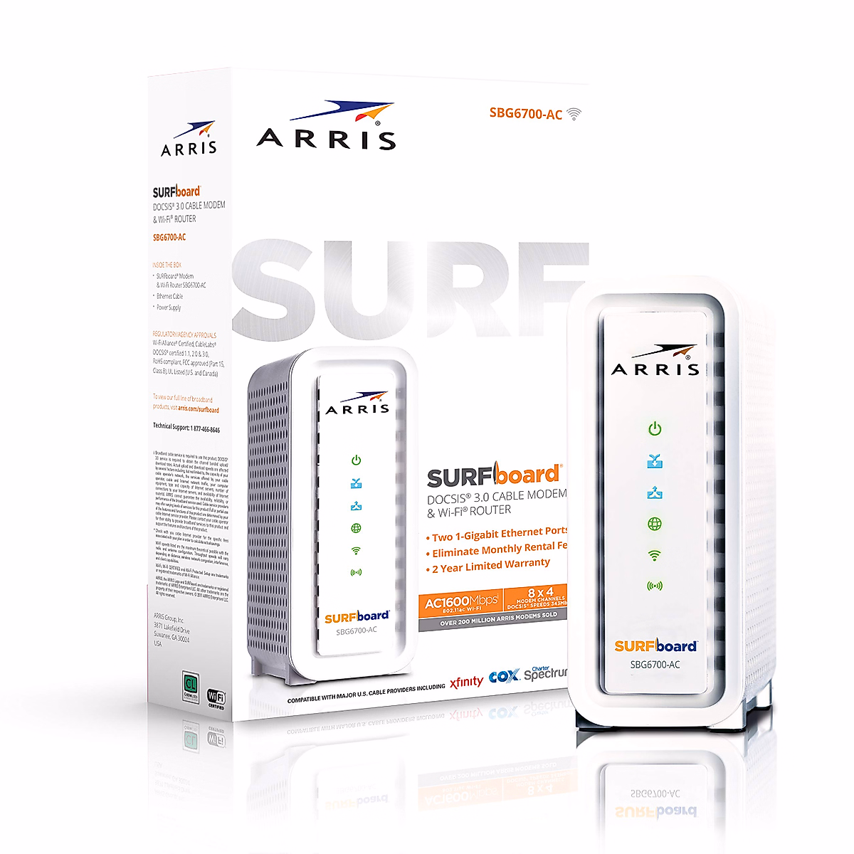ARRIS Surfboard (8x4) Docsis 3.0 Cable Modem Plus AC1600 Dual Band Wi-Fi Router, Certified for Comcast Xfinity, Spectrum, Cox & More (SBG6700AC), White, Max Download Speed: 343 Mbps