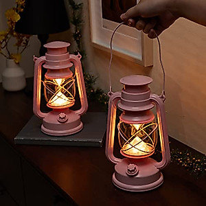 Furora LIGHTING Pink Decorative Lantern Battery Operated Remote Controlled, 6Hr Timer for Indoor Vintage Home Decor, 9.7" Outdoor Patio Hanging Tabletop Ornaments, 2 Pack Cute LED Lanterns Room Decor