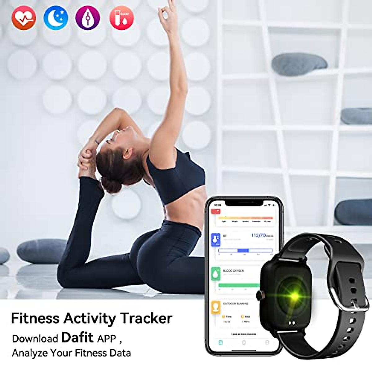 Smart Watch, Luoba 1.69'' Full Touch Answer/Make Call Android Smartwatch for Women Men Fitness Tracker with Heart Rate Sleep Monitor Calorie Step Counter Fitness Watch Compatible Android iOS (Black)