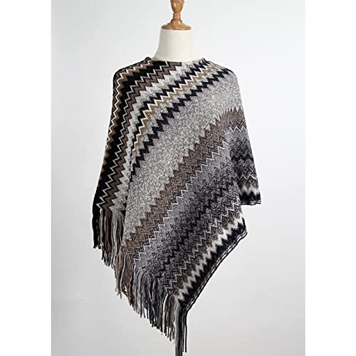 StylesILove Women Autumn Winter Knitted Zig-Zag Pullover Fringe Poncho Sweater Soft Wrap Cape Lightweight Shawl (Black)