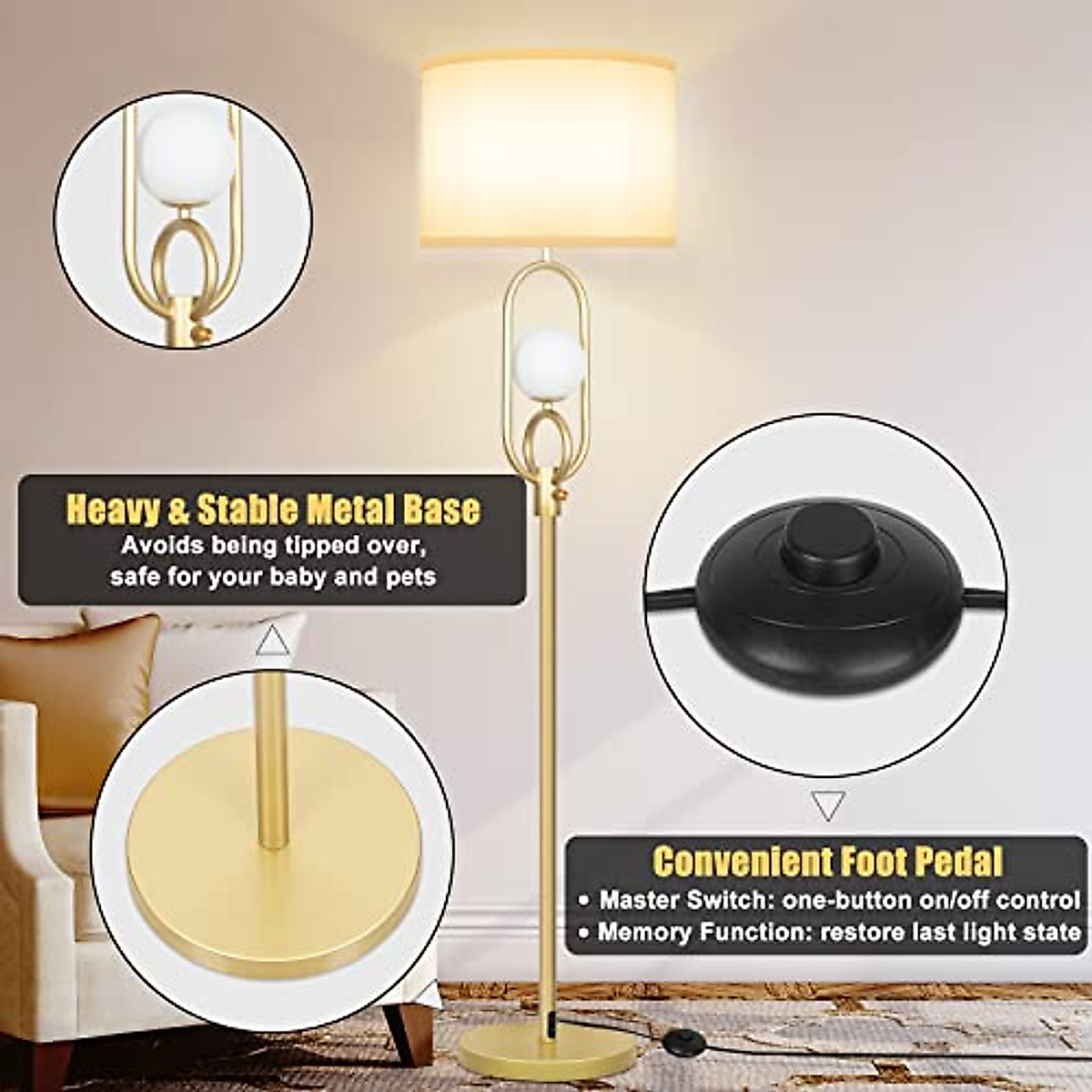 Yolsunes Modern Gold Floor Lamp with Night Light, Brass Standing Lamp White Linen Shade, Globe Stand Up Lamp 67’’ Tall Lamps for Living Room Nursery Bedroom Office, 3W 2700K Led Included, E26 Base