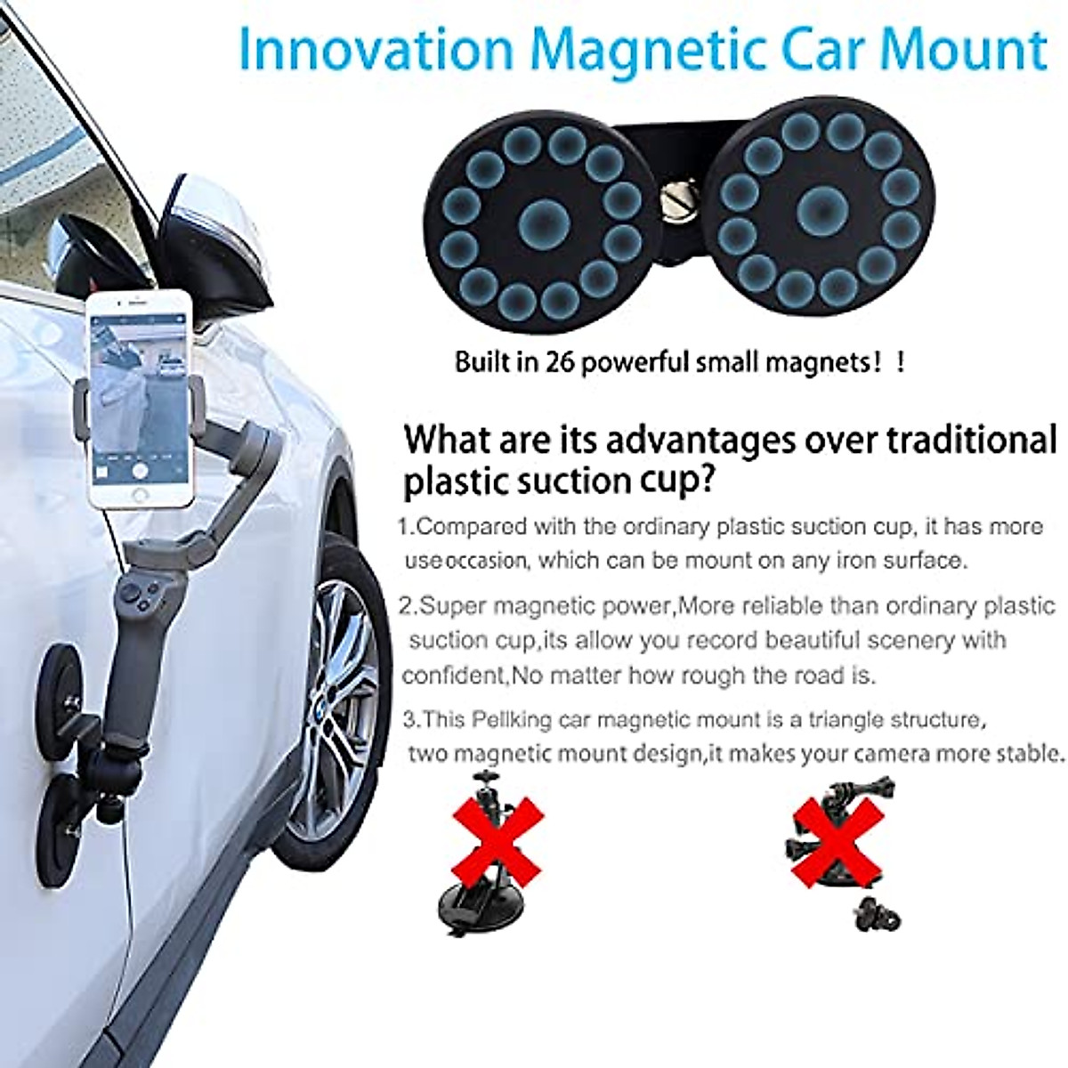 PellKing Magnet Camera Mount for GoPro,Heavy-Duty Metal Car Powerful Magnetic Camera Mount with 360 Degree Rotation Ball Head for Car Body,Compatible with GoPro Hero 9 Black 8/7/6/5,Etc