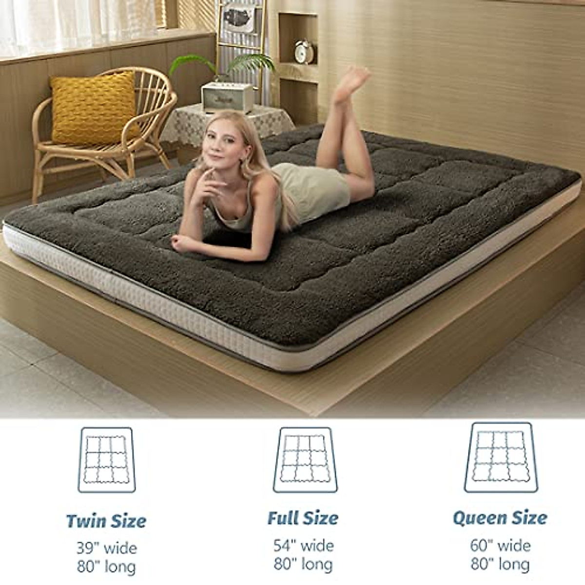 HIGOGOGO Japanese Floor Mattress for Adults, 4" Thick Sherpa Fleece Futon Mattress for Floor, Roll Up Sleeping Pads, Portable Folding Foam Floor Bed Tatami Mat, Shikibuton for Guest, Dark Grey, Queen