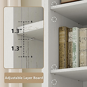 Furnihold Farmhouse Bookcase and Bookshelf with Doors, 5-Shelf Bookcase Adjustable Bookshelf, Wood Bookcase Tall Storage Cabinet for Bedroom, Office Room, Living Room, Off White