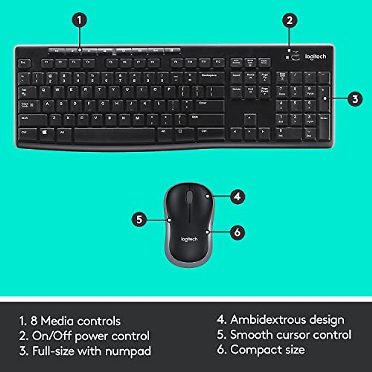 Logitech MK270 Wireless Keyboard And Mouse Combo For Windows, 2.4 GHz Wireless, Compact Mouse, 8 Multimedia And Shortcut Keys, For PC, Laptop - Black