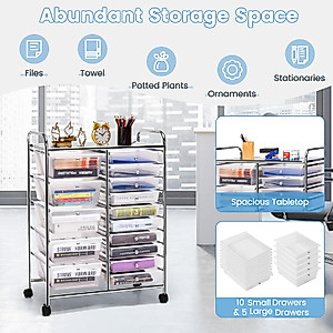 SILKYDRY 15 Drawers Rolling Storage Cart, Craft Cart Organizer with Lockable Wheels for Tools, Arts, Scrapbook, Papers, Multipurpose Utility Cart for Home Office School (Clear)