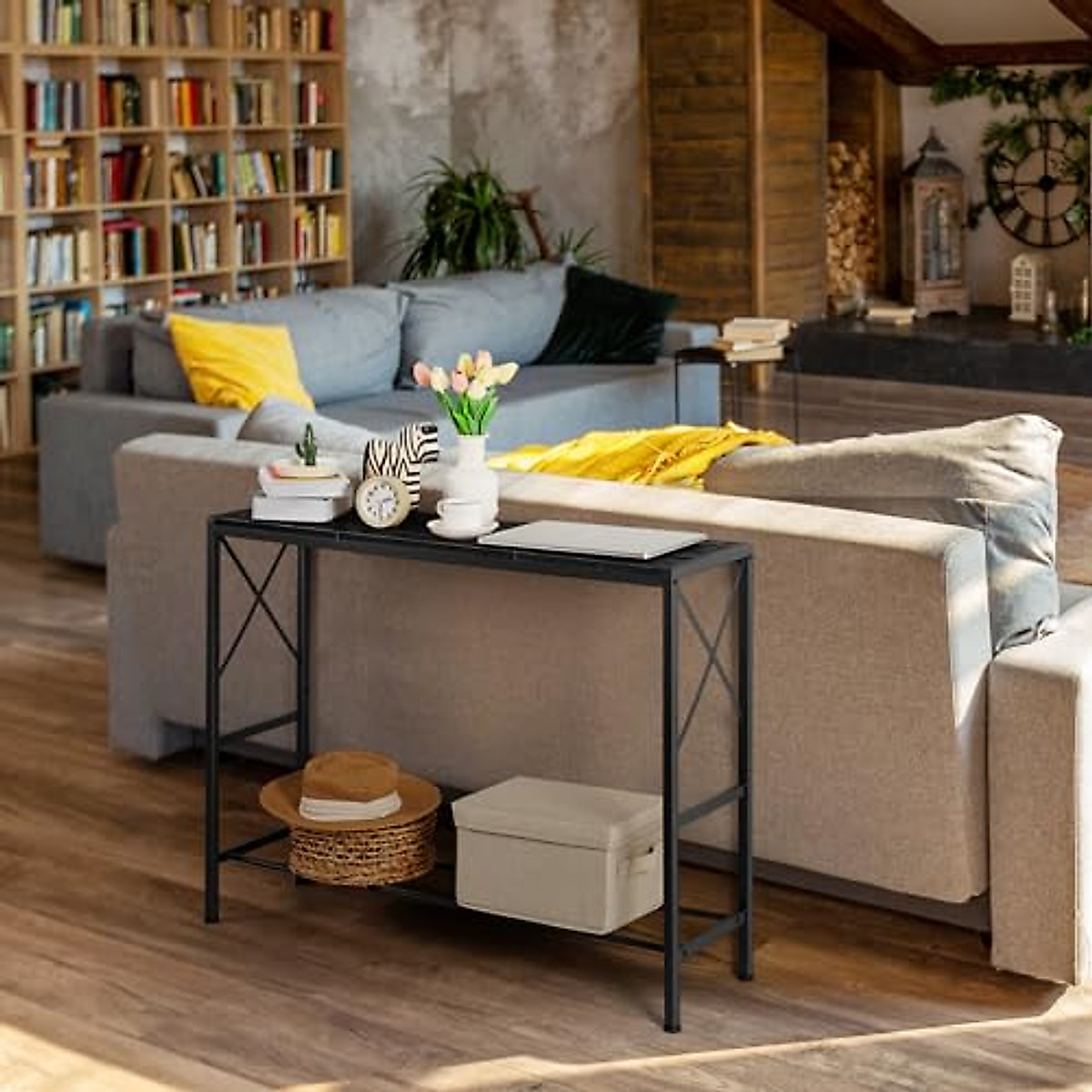 Narrow Console Table 41" Behind Couch Table Skinny Small Entryway Table, Black Wood Console Table with Metal Frame, Industrial Hallway Table for Entryway, Living Room, Foyer, Wood Sofa Table